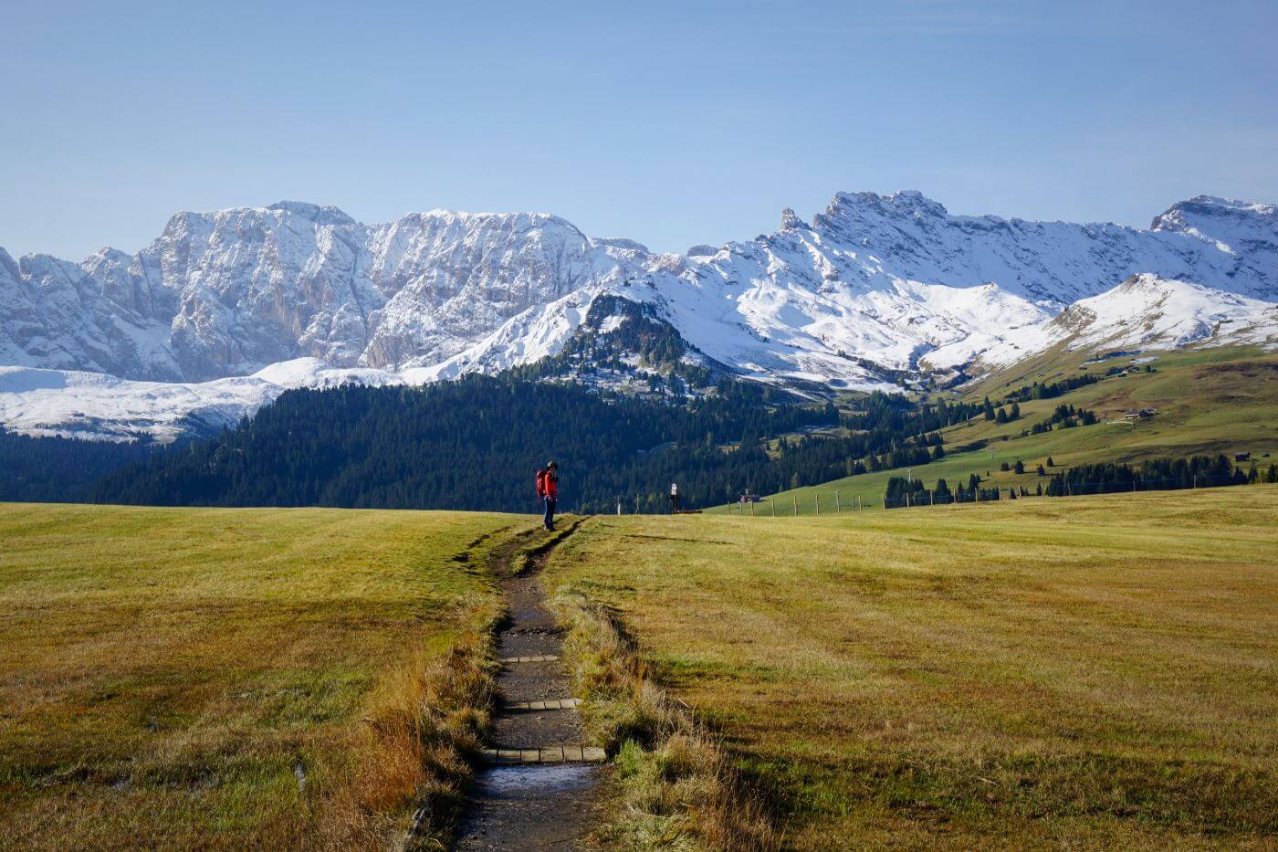 Hiking across the Alpe di Siusi Plateau, Italian Dolomites